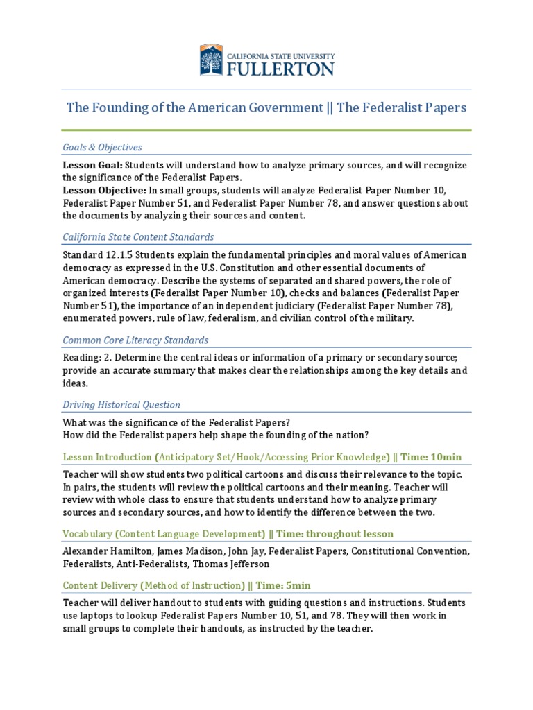 Federalist Papers Primary Source Lesson | PDF | The Federalist Papers ...