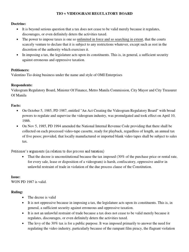Tio Vs Videogram Regulatory Board | PDF | Due Process Clause | Taxes