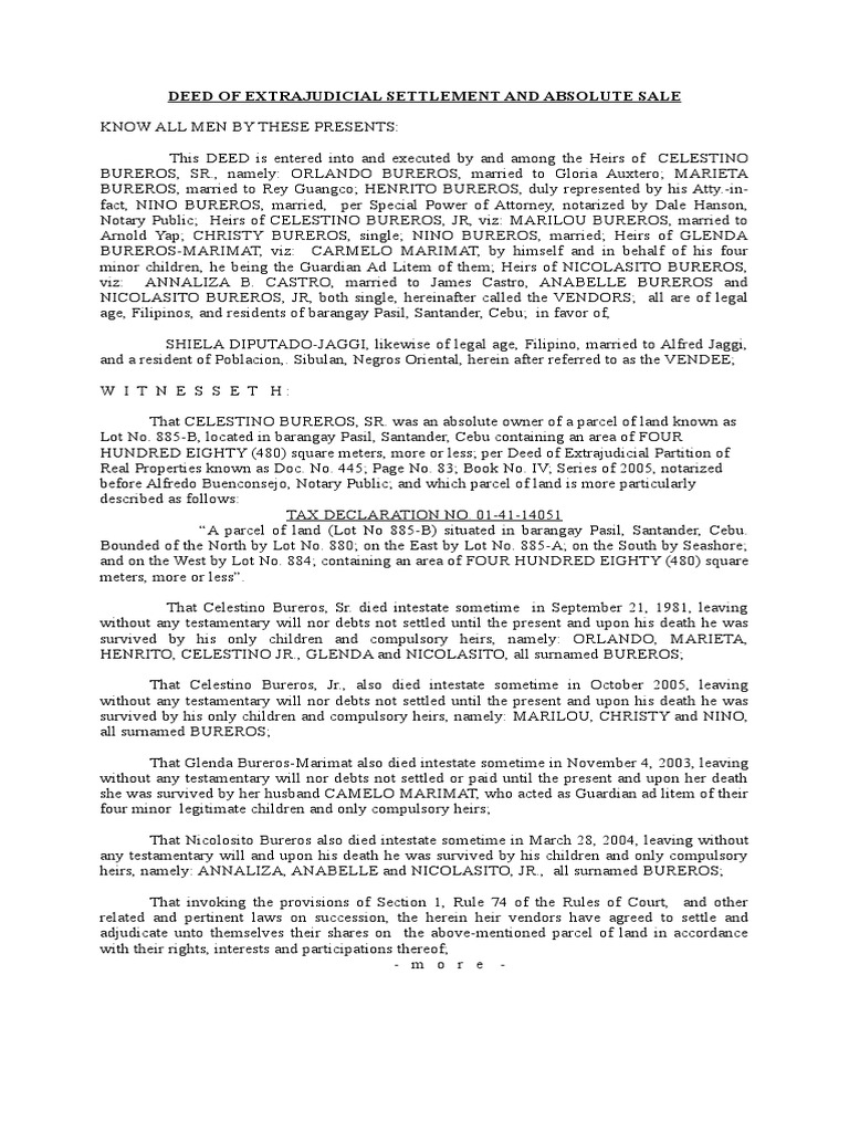 Extrajudicial Settlement & Sale of Lot 885-B | PDF | Intestacy | Will ...