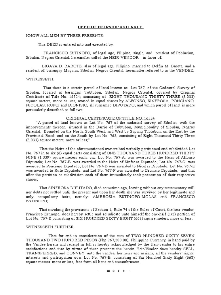 Deed of Heirship and Sale - Mananquil | PDF | Land Lot | Private Law