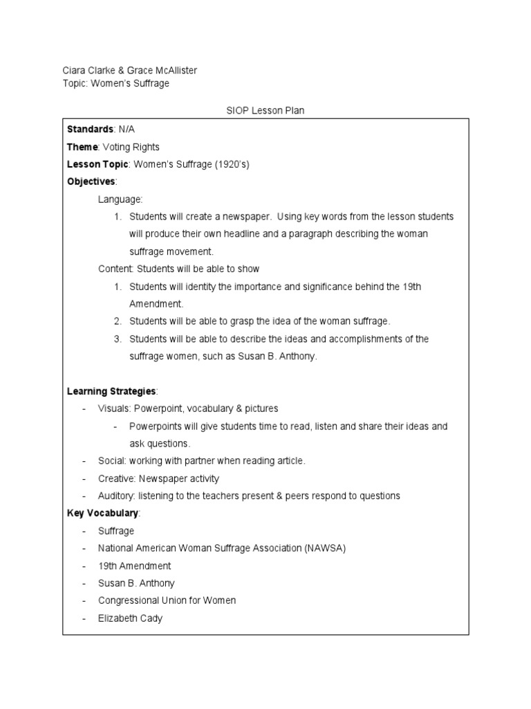 Siop Lesson Plan | PDF | Vocabulary | Women's Suffrage