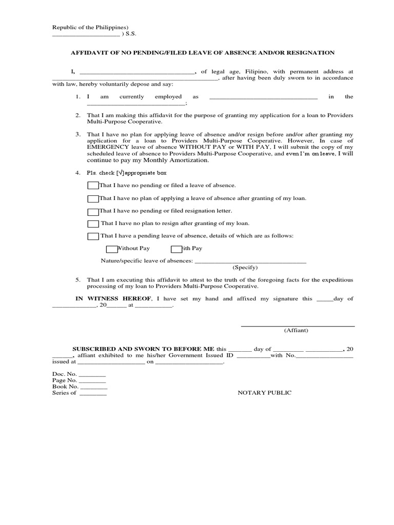 Affidavit For No Pending or Filed Leave of Absence and Resignation ...
