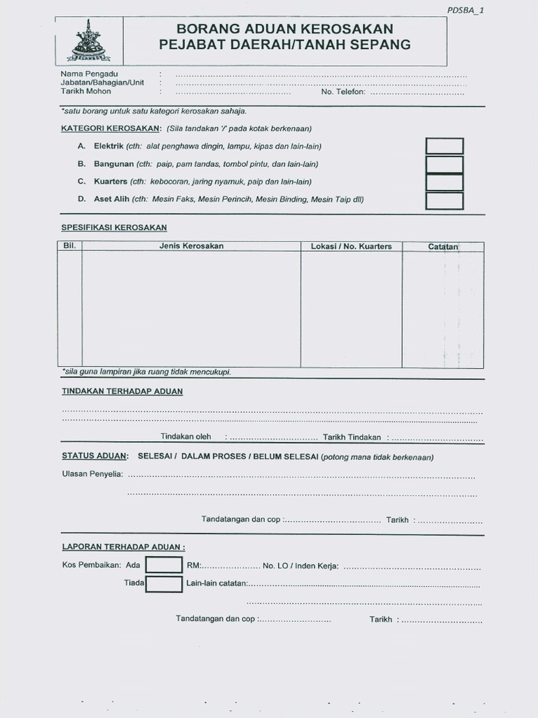 Borang Aduan Kerosakan Pejabat Daerah Dan Tanah Sepang | PDF