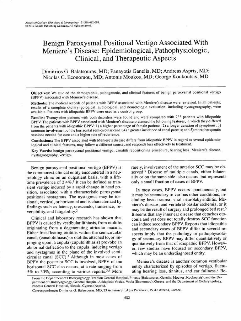 Benign Paroxysmal Positional Vertigo Associated With Meniere's Disease ...