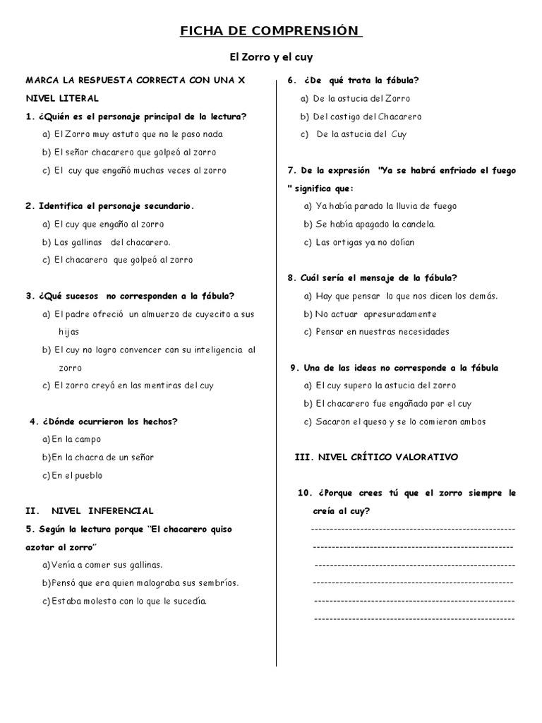 FICHA de COMPRENSIÓN Lectora El Zorro y El Cuy | Fábula