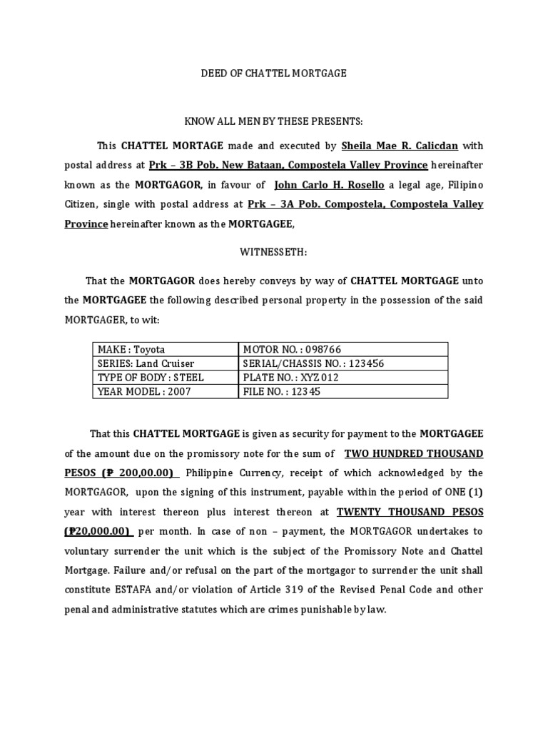 Deed of Chattel Mortgage | PDF | Mortgage Law | Virtue