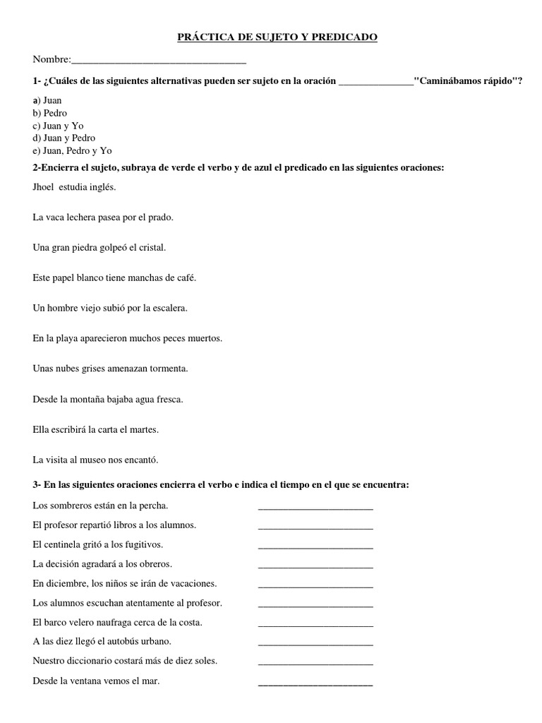 Ejercicios de Sujeto y Predicado | PDF