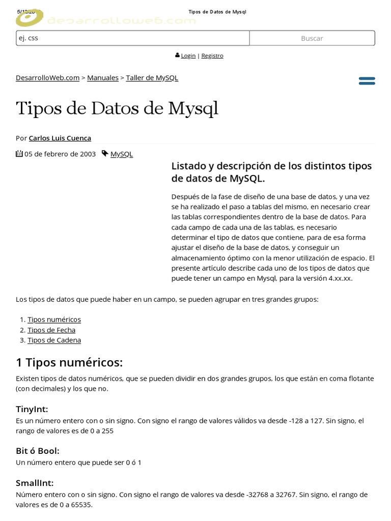 Tipos de Datos de Mysql | Byte | Tipo de datos