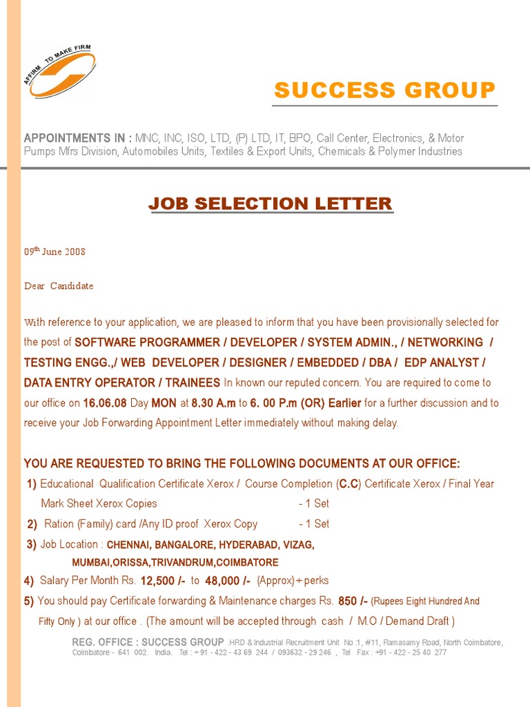 Success Group: Job Selection Letter | PDF | Computing | Business