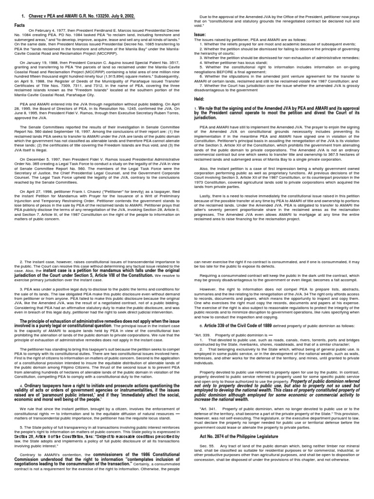 Chavez V PEA and AMARI G.R. No. 133250. July 9, 2002. Facts Issue ...