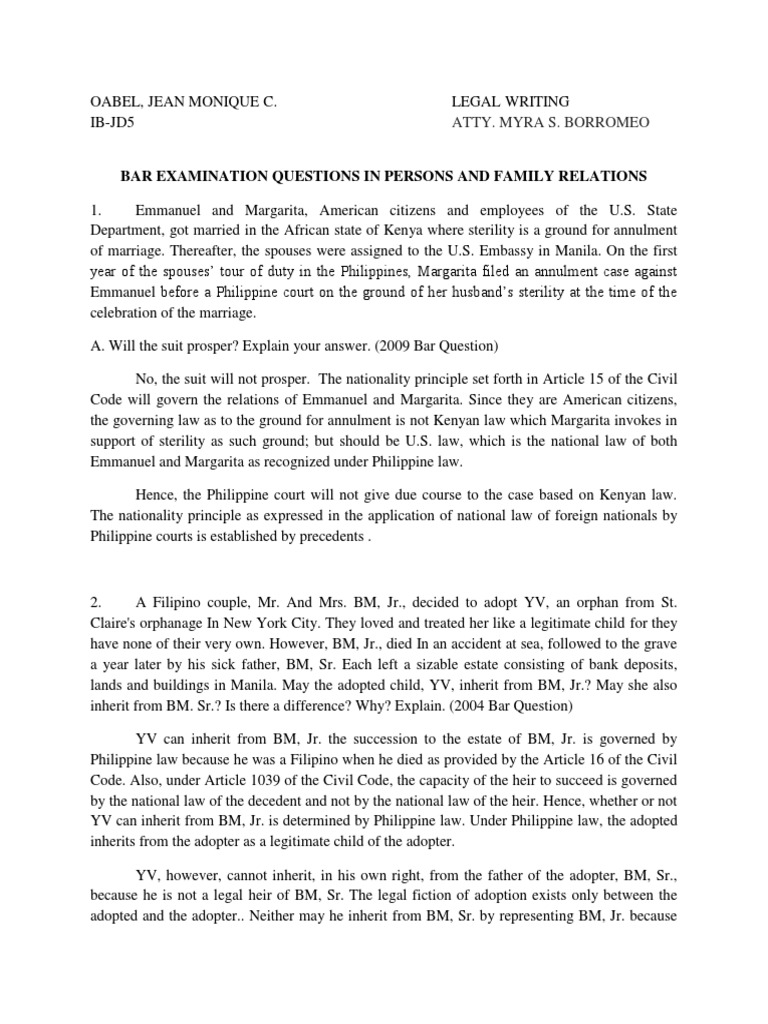 Bar Examination Questions in Persons and Family Relations: Atty. Myra S ...