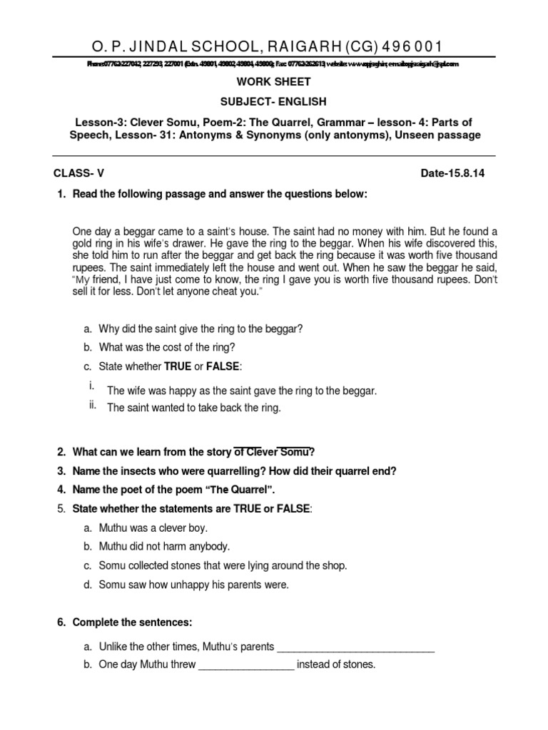 Class 5 English Worksheet: Poems & Passages | PDF | Linguistics