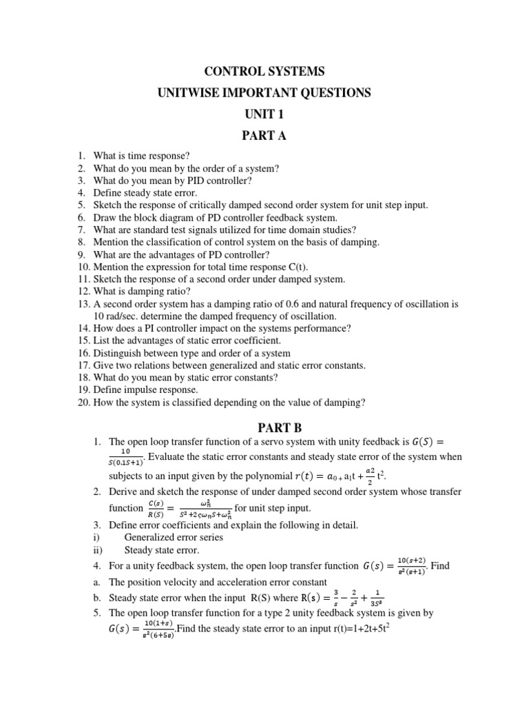 Control Systems Unitwise Important Questions Unit 1 Part A | PDF | Stability Theory | Control Theory