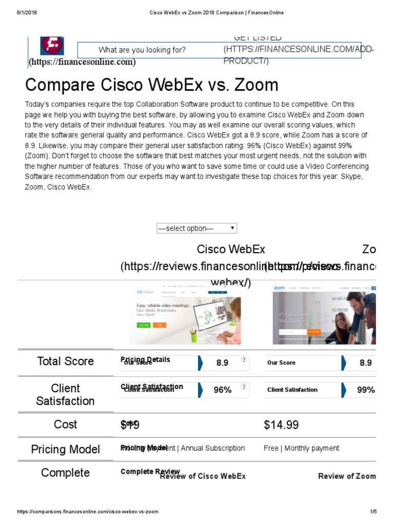 WebEx vs Zoom: 2018 Software Showdown | PDF | Web Conferencing | Pricing