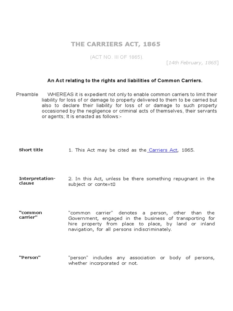 Carriers Act, 1865 (Act No. III of 1865) | PDF | Common Carrier | Legal Liability
