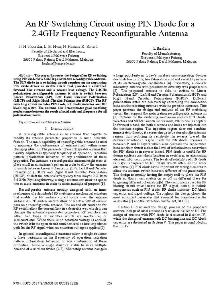 An RF Switching Circuit Using PIN Diode For A 2.4GHz Frequency ...
