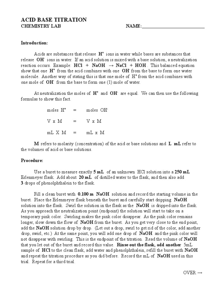 Acid Base Titration Lab | PDF | Titration | Chemistry