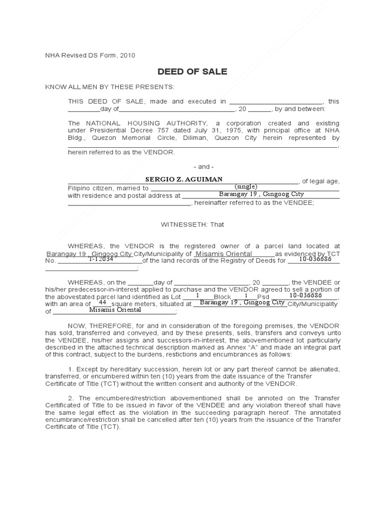 Deed of Sale NHA | Deed | Common Law