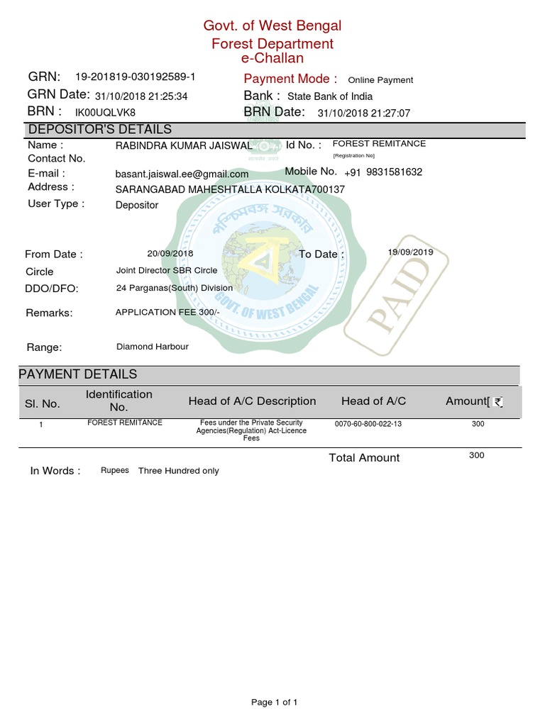 Govt. of West Bengal E-Challan Forest Department: GRN: GRN Date: Bank | PDF