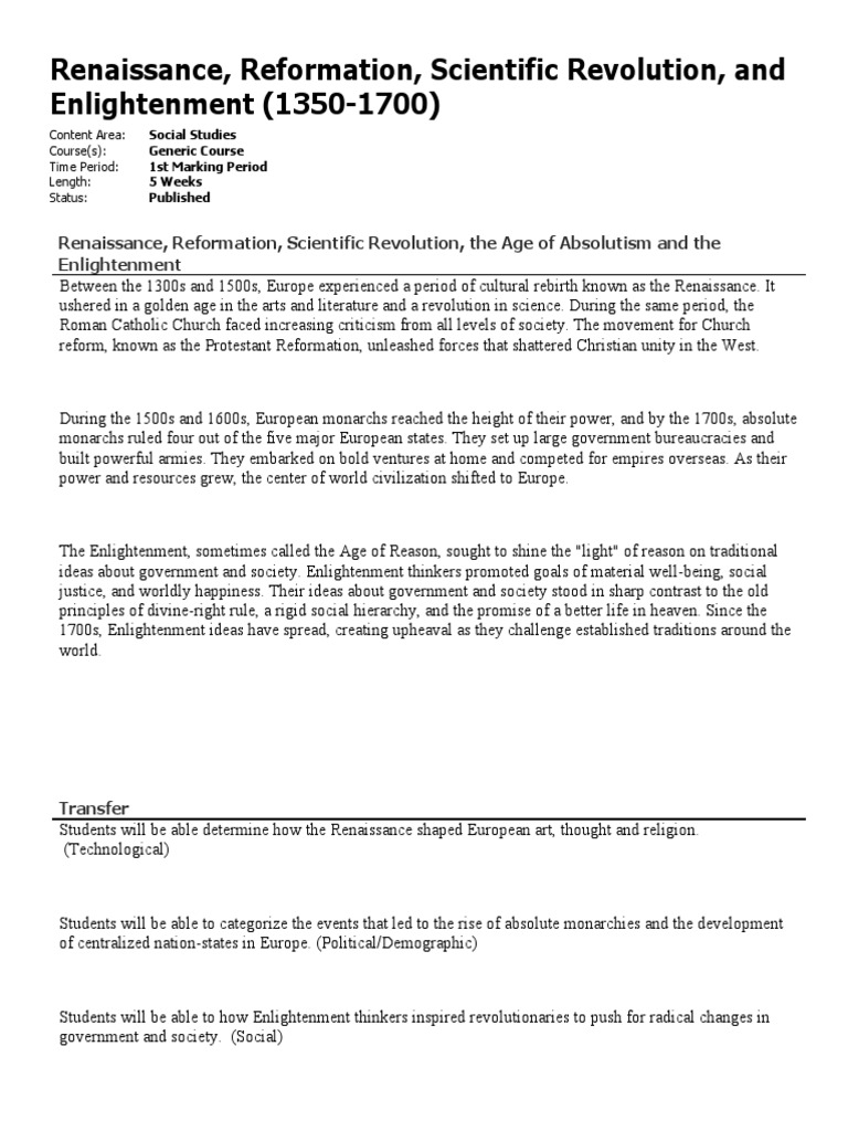 Renaissance, Reformation, Scientific Revolution, and Enlightenment ...