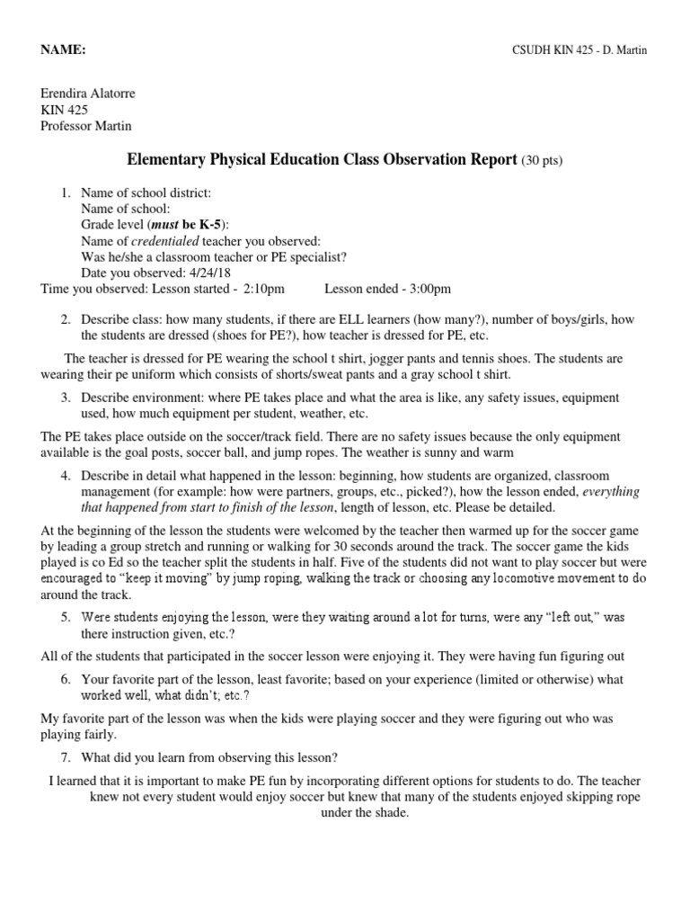 Pe Observation | PDF | Physical Education | Teachers