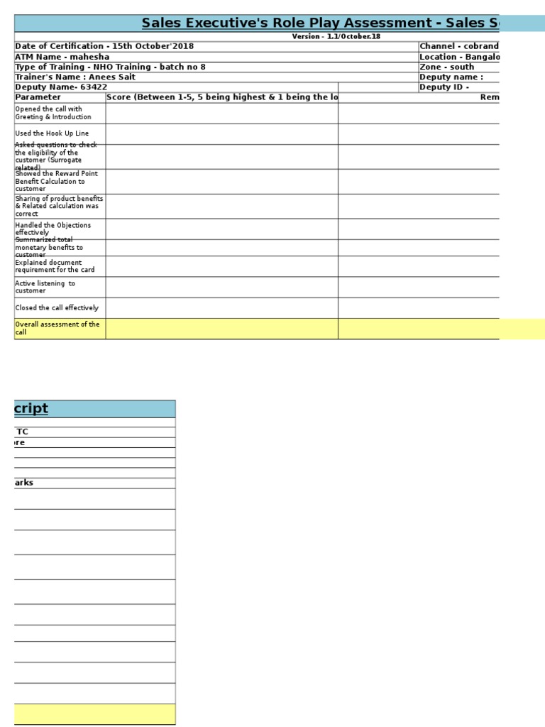 Sales Executive's Role Play Assessment - Sales Script: Version - 1.1 ...