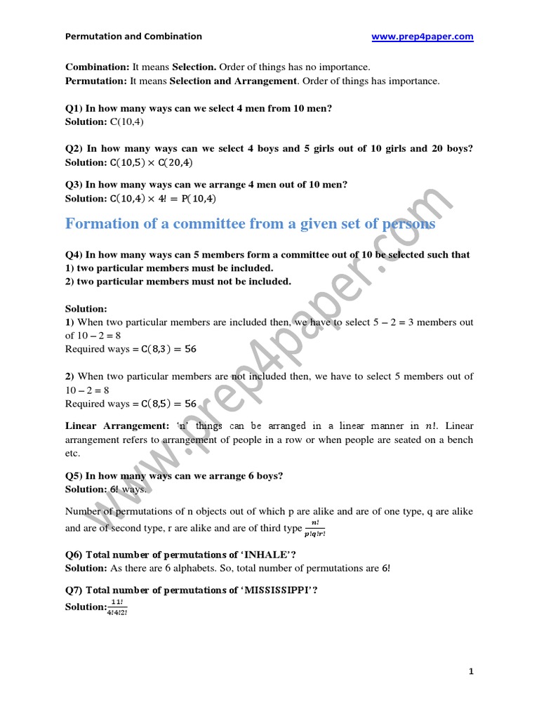 Basic Concept of Permutation and Combination With Solved Examples PDF ...