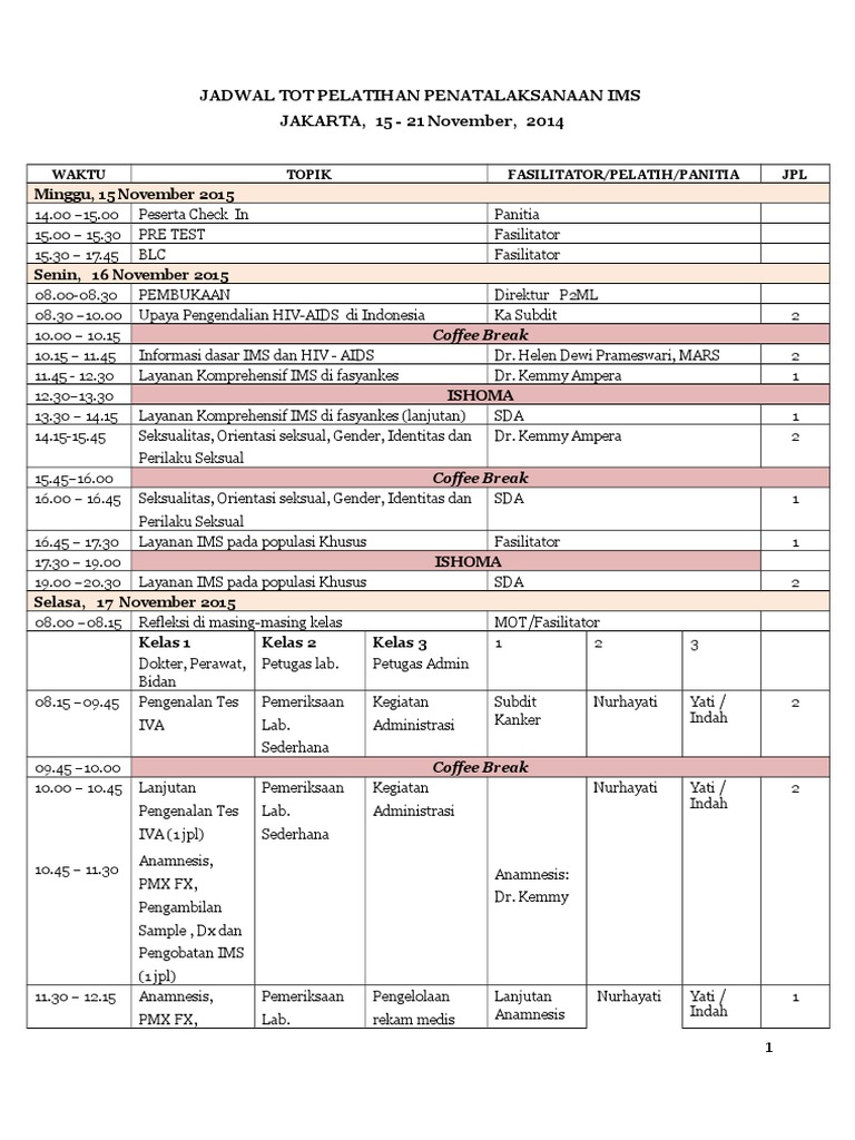 Jadwal Tot Pelatihan Penatalaksanaan Ims JAKARTA, 15 - 21 November, 2014 | PDF | Science ...
