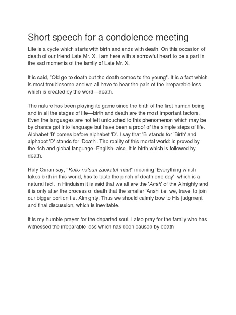 Short Speech For A Condolence Meeting | PDF | Religious Behaviour And ...