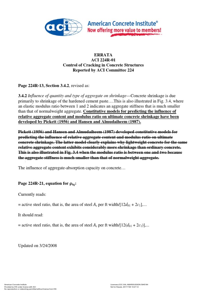Errata for ACI 224R-01 on Cracking | PDF | Stiffness | Concrete