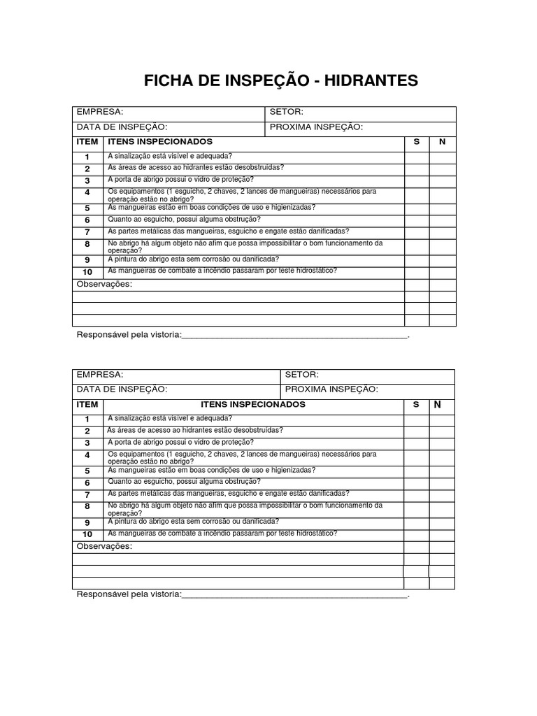 Ficha de Inspeção Hidrantes | PDF