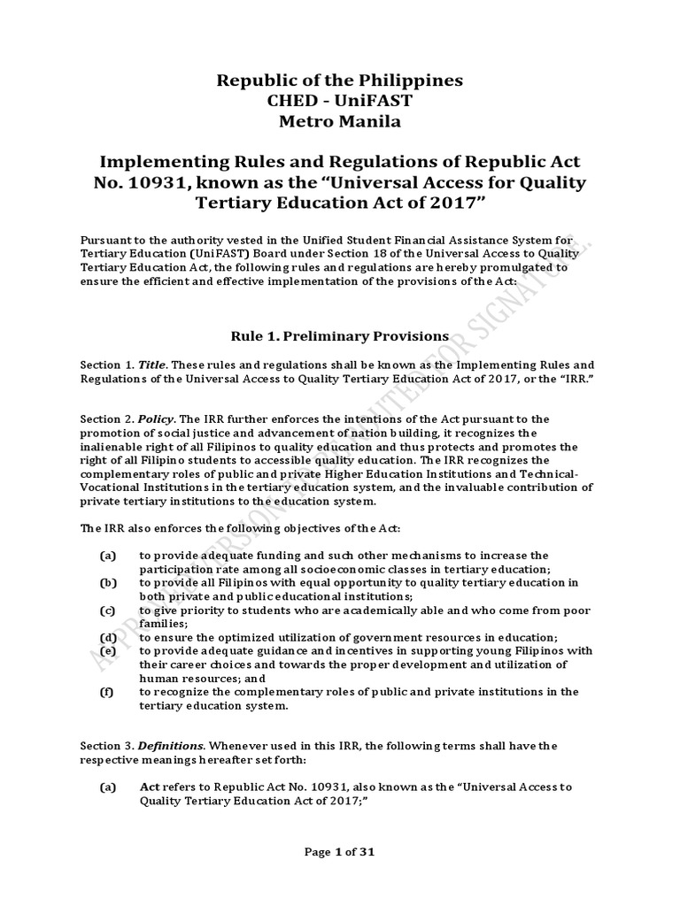 IRR of RA No. 10931 Nov232017 Advance Copy of Approved IRR | PDF ...