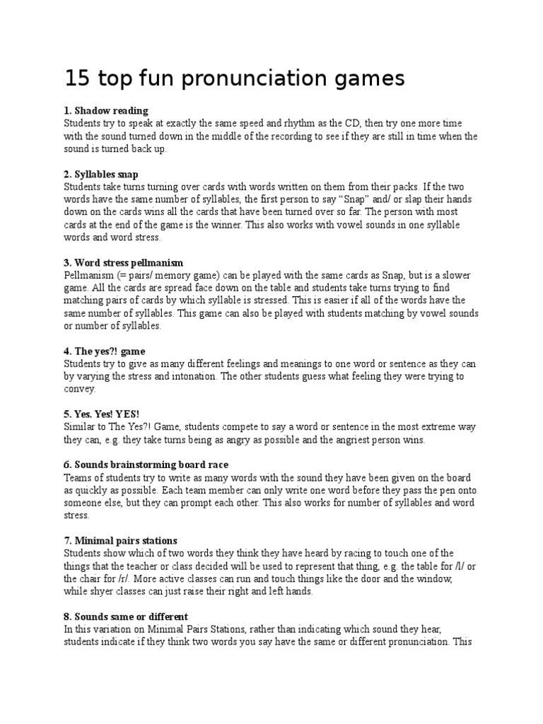 15 Top Fun Pronunciation Games | PDF | Stress (Linguistics) | Syllable