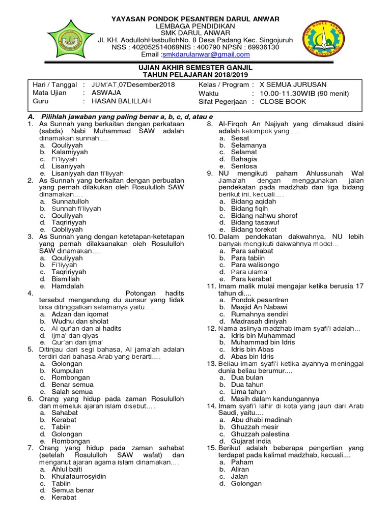 Soal Aswaja Kls X | PDF | Agama & Spiritualitas