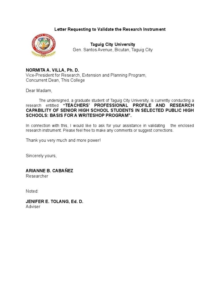 Arianne Letter Requesting To Validate The Research Instrument Atbp ...