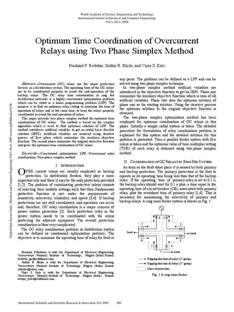 Optimum Time Coordination of Overcurrent Relays Using Two Phase Simplex Method | PDF ...