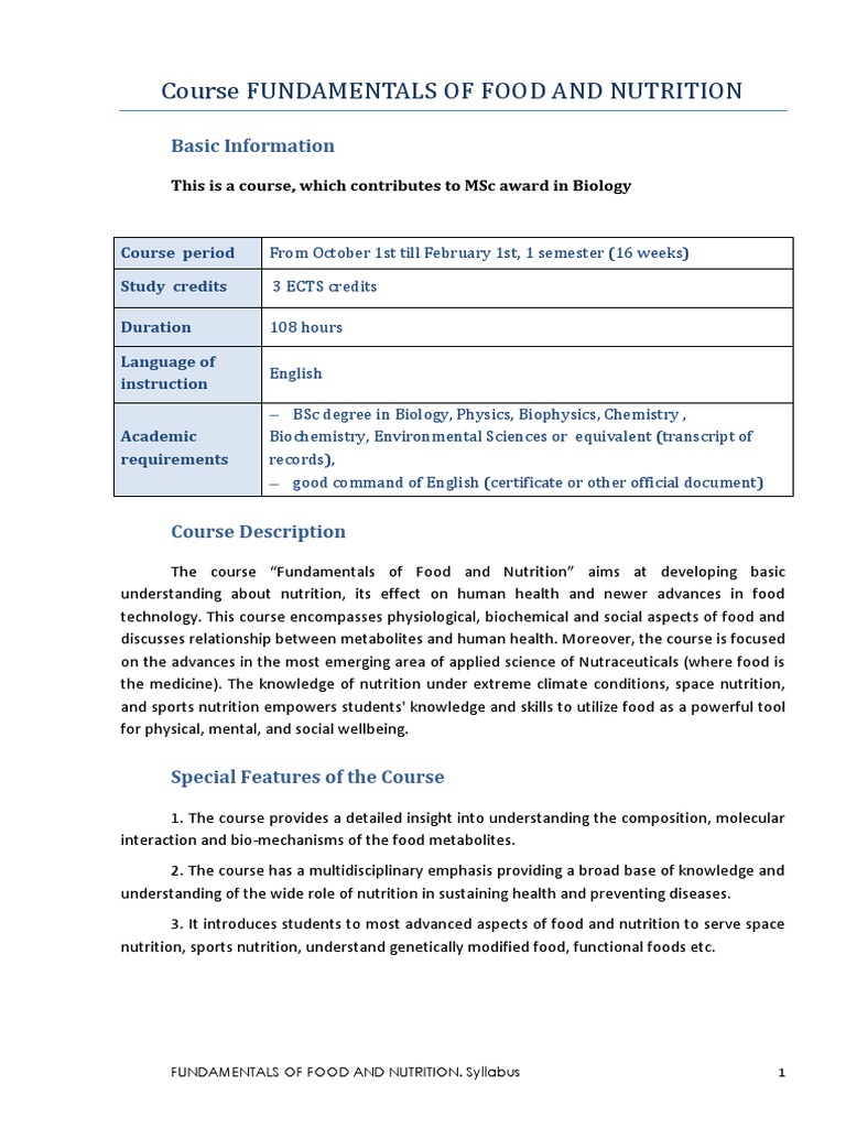 Food and Nutrition Course Syllabus | PDF | Nutrition | Diet & Nutrition
