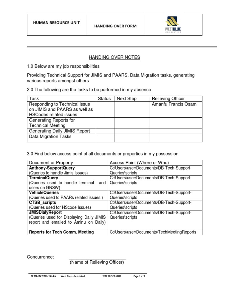 Handing Over Format | PDF