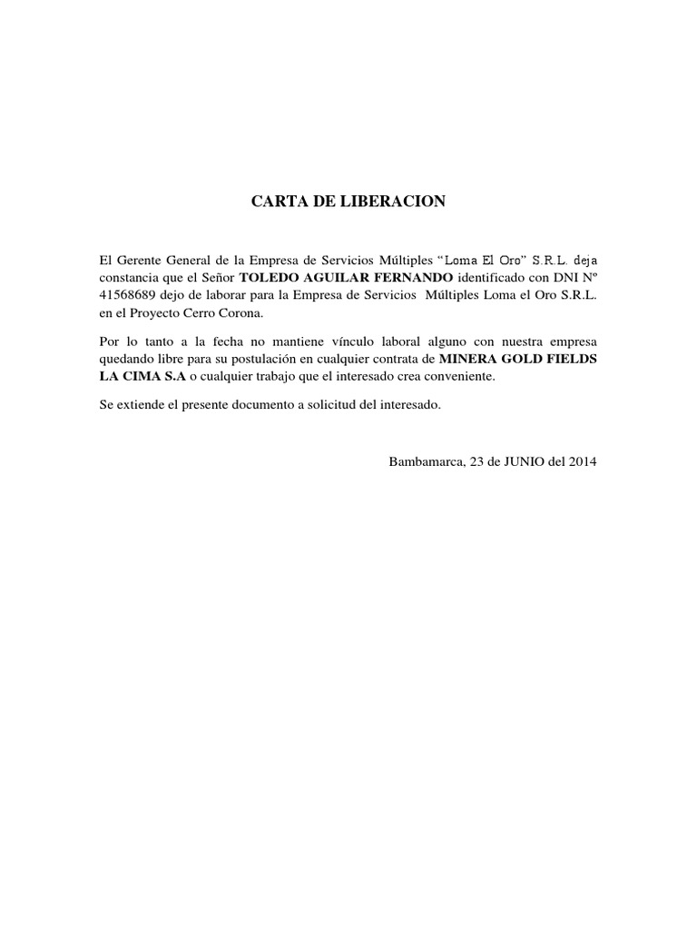 Carta de Liberacion | PDF