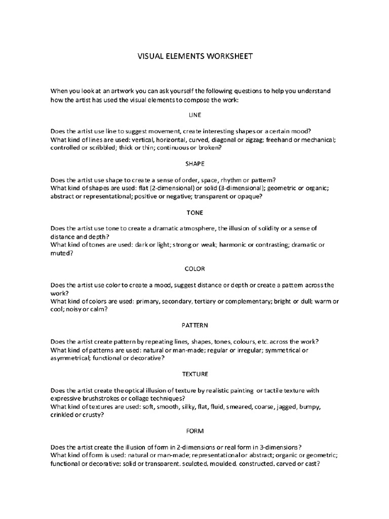 Visual Elements Worksheets Pdf