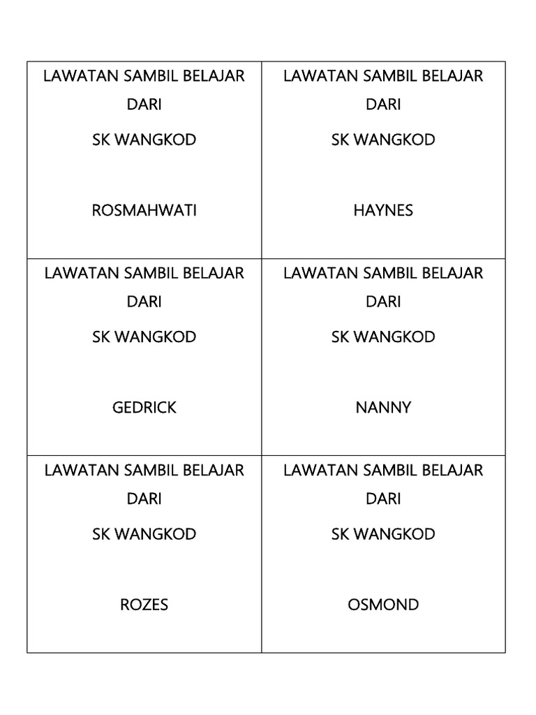 Name Tag Lawatan Sambil Belajar Dari SK Wangkod | PDF