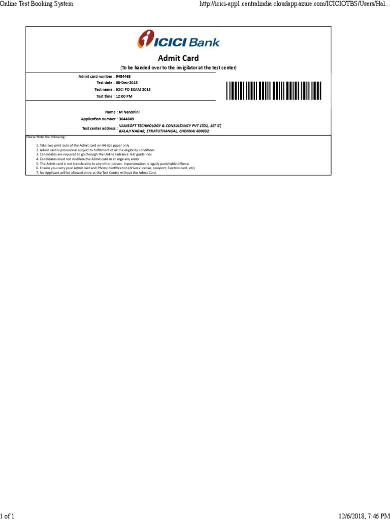 Admit Card: (To Be Handed Over To The Invigilator at The Test Center ...