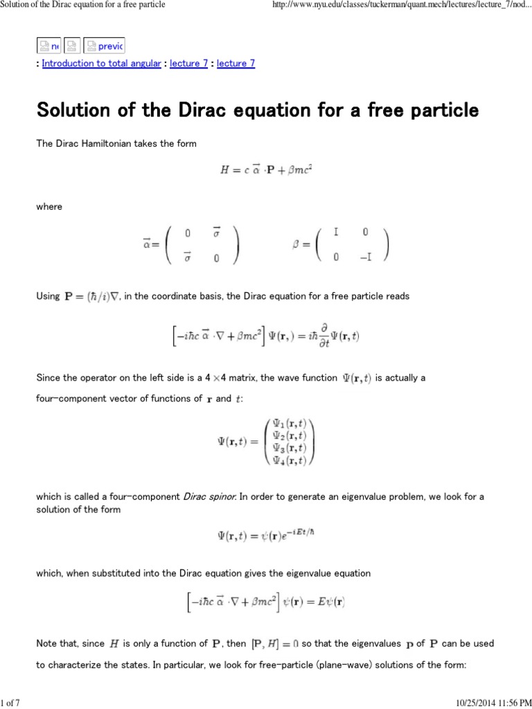 Solution of The Dirac Equation For A Free Particle | PDF | Wave Function | Eigenvalues And ...