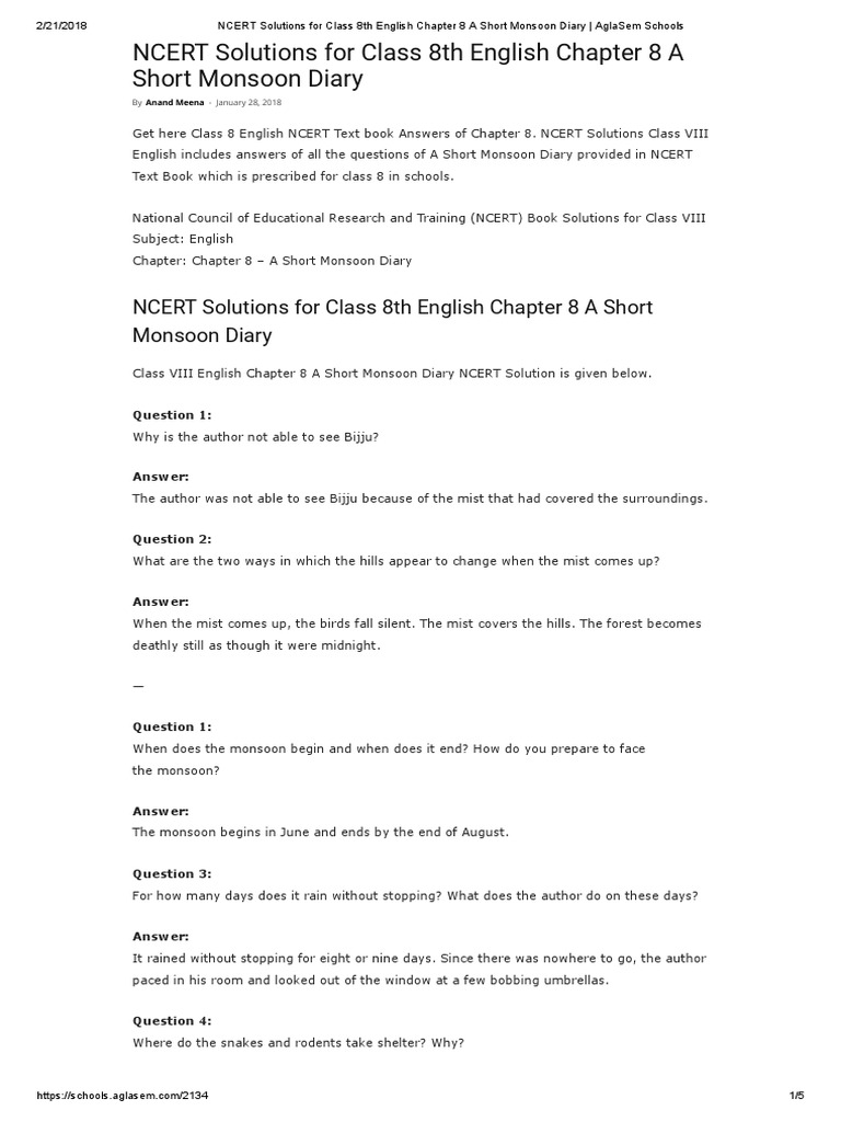 NCERT Solutions For Class 8th English Chapter 8 A Short Monsoon Diary ...