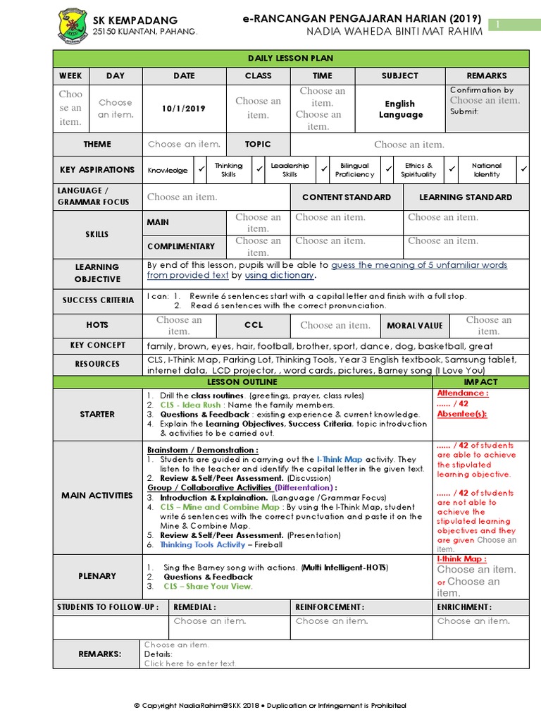 Sample of Lesson Plan YEAR 3 Get Smart | Lesson Plan | Educational ...