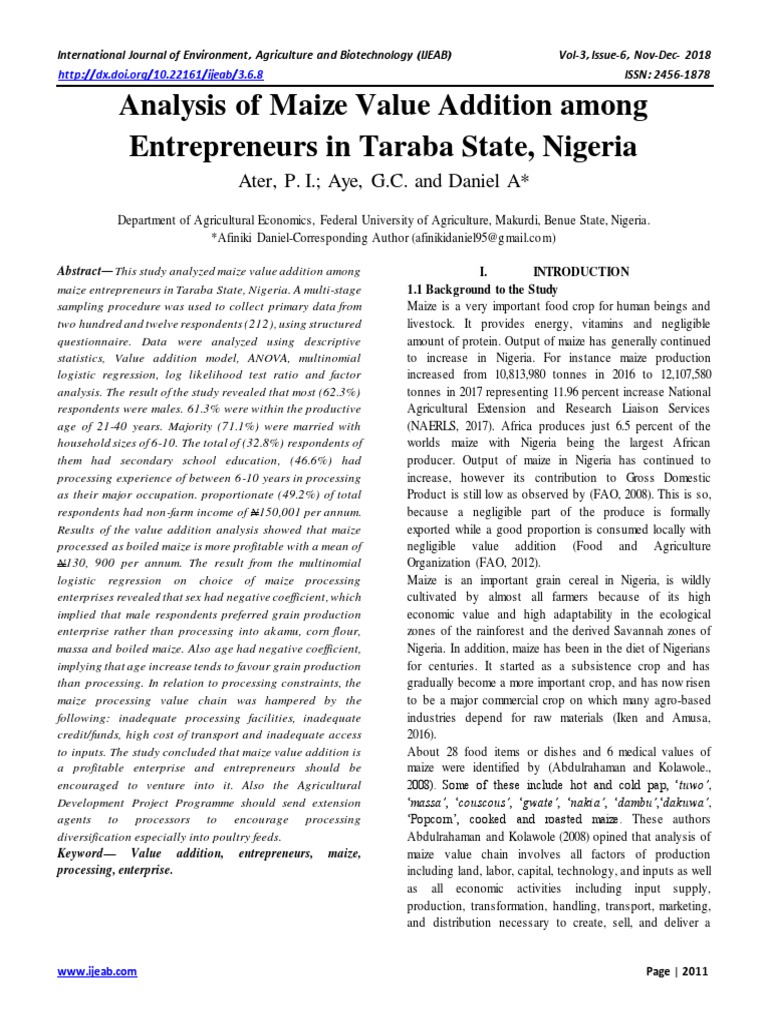 Analysis of Maize Value Addition Among Entrepreneurs in Taraba State ...