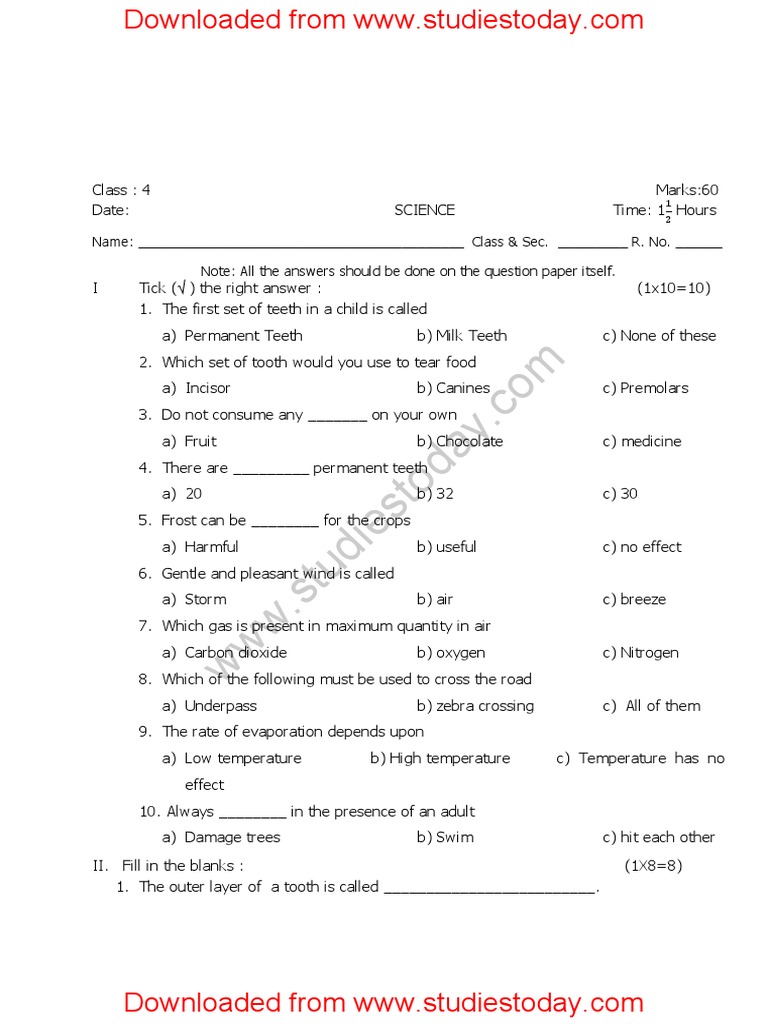 CBSE Class 4 Science Question Paper Set A | PDF | Tooth | Carbon
