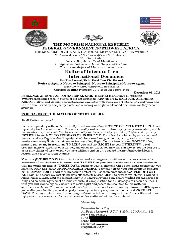 Notice of Intent To Lien | PDF | Lien | Trespass