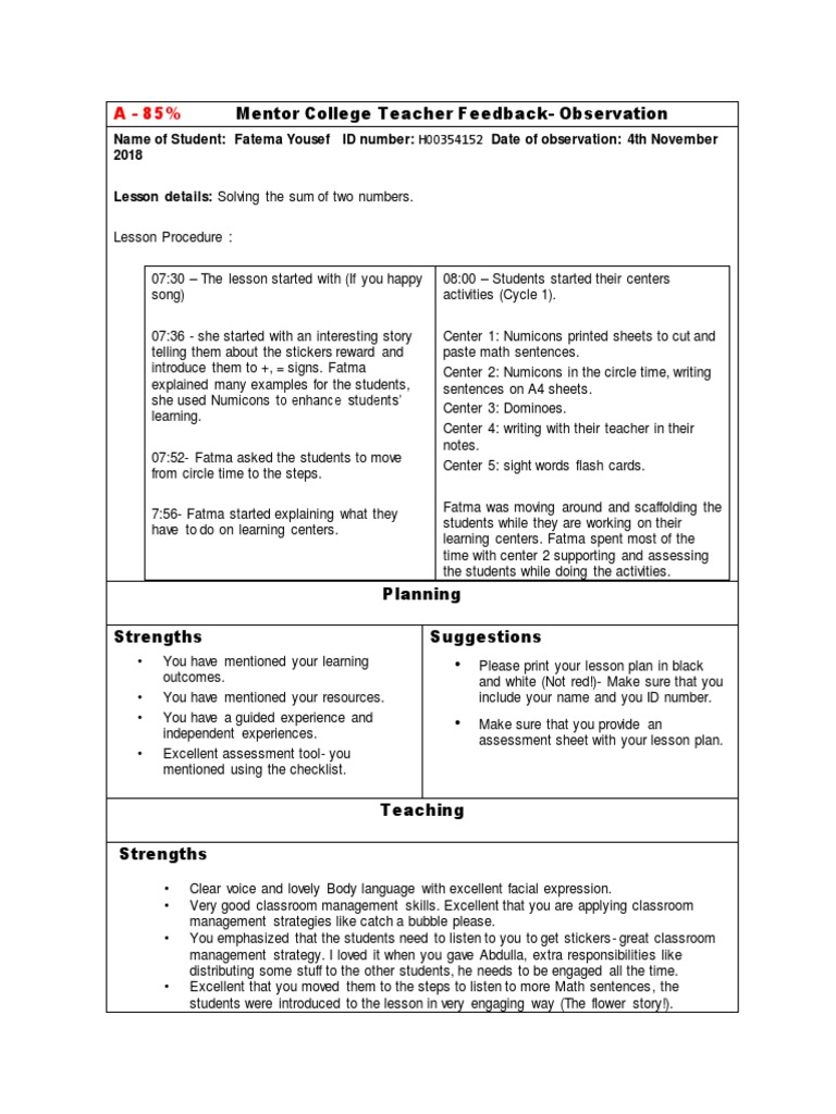 Observation Feedback | PDF | Lesson Plan | Mentorship