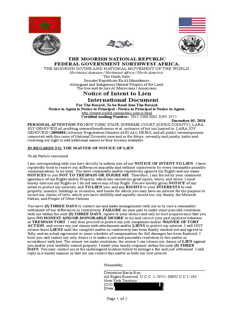 Notice of Intent To Lien | Download Free PDF | Lien | Trespass